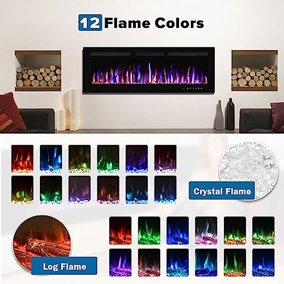 BETELNUT Electric Fireplace 50IN Wall Mounted and Recessed with Remote Control, 750/1500W Ultra-Thin Wall Fireplace Heater W/Timer Adjustable Flame Color and Brightness, Log Set & Crystal Options