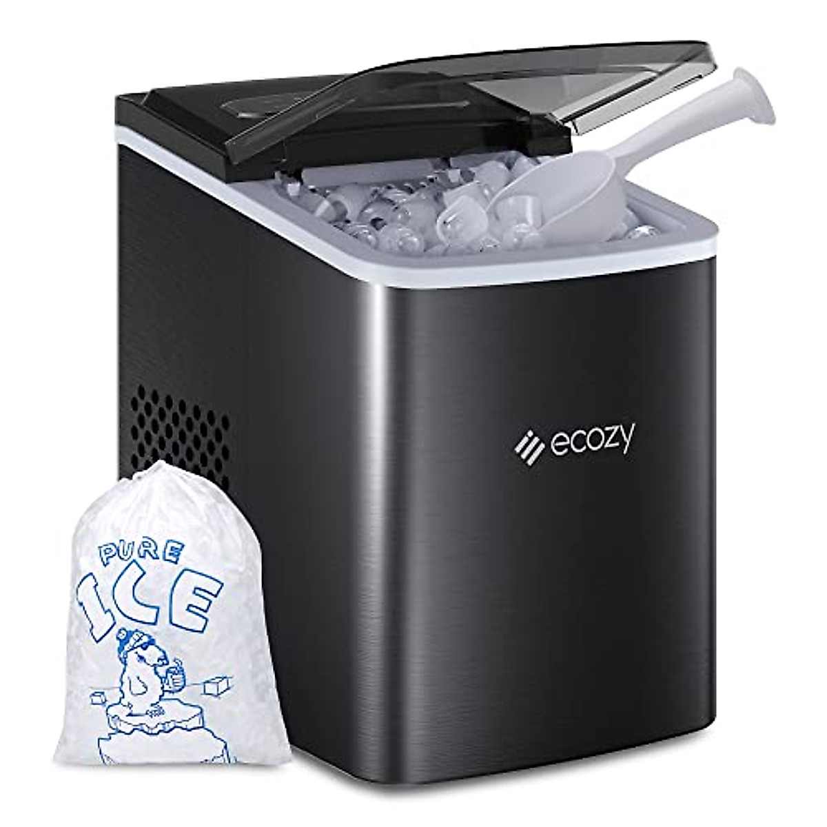 ecozy Portable Ice Maker Countertop, 9 Cubes Ready in 6 Mins, 26 lbs in 24 Hours, Self-Cleaning, Includes Ice Bags/Scoop/Basket for Home Kitchen Office Bar Party, Black