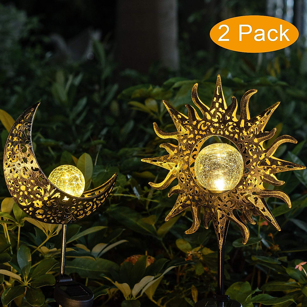 Solar Lights Outdoor Garden Decor,Waterproof Metal Sun Moon Decorative Stakes Crackle Globes Decoration for Walkway,Yard,Lawn,Patio(2 Pack)