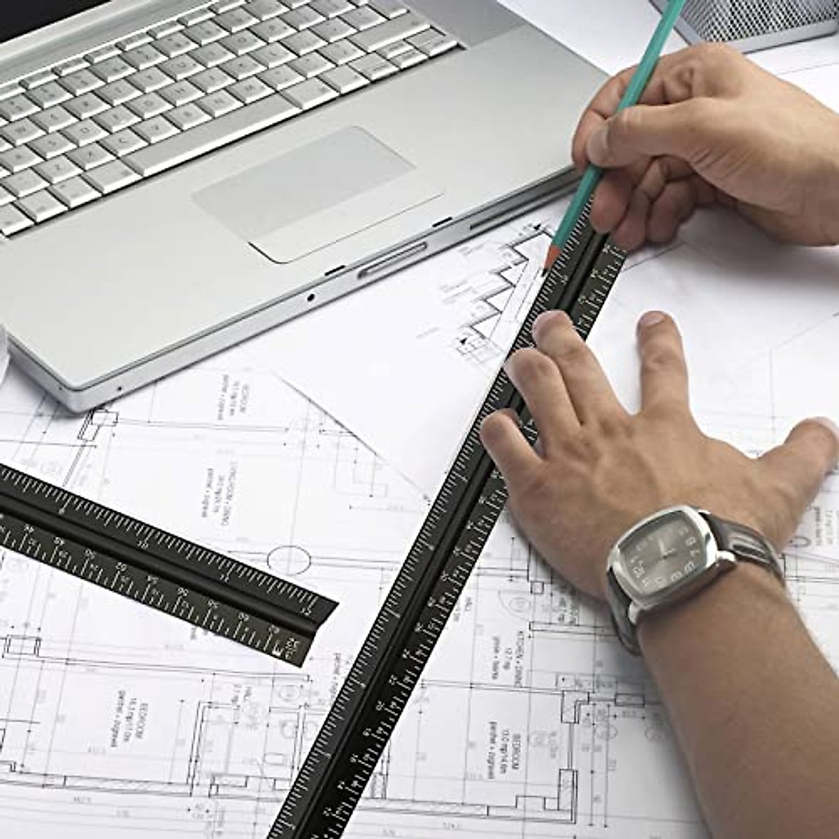 Architectural Scale Ruler for Blueprint, 12'' Metric Metal Engineers Triangle Drafting Ruler with Imperial Measurements for Architects Engineering, Artists, Draftsman Drawing, Laser-Etched Markings