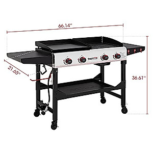 Royal Gourmet GD403 4-Burner Portable Flat Top Gas Griddle Combo Grill with Folding Legs, 48,000 BTU, for Outdoor Cooking While Camping or Tailgating, Black & Silver