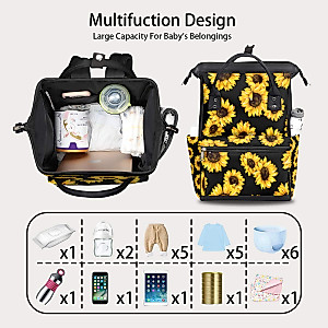 TropicalLife Sunflower Art Painting Diaper Backpack Large Capacity Baby Bags Multi-Function Zipper Casual Travel Backpacks for Mom Dad Unisex