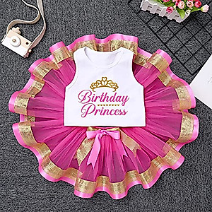 Toddler Kid Baby Girl 1/2/3/4/5/6 Year Old Birthday Party Dress Sleeveless Printed Vest Tops+Princess Tulle Tutu Skirt+Flower Crown Outfit Summer Clothes Cake Smash Photography Hot Pink 4-5 Years