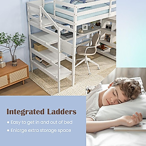 Giantex Twin Loft Bed with Desk and Stairs, Solid Wood High Loft Bed with 4-Tier Storage Shelves, Loft Bed Twin Size for Adults, Teens, Kids, Boys & Girls, No Box Spring Needed, White