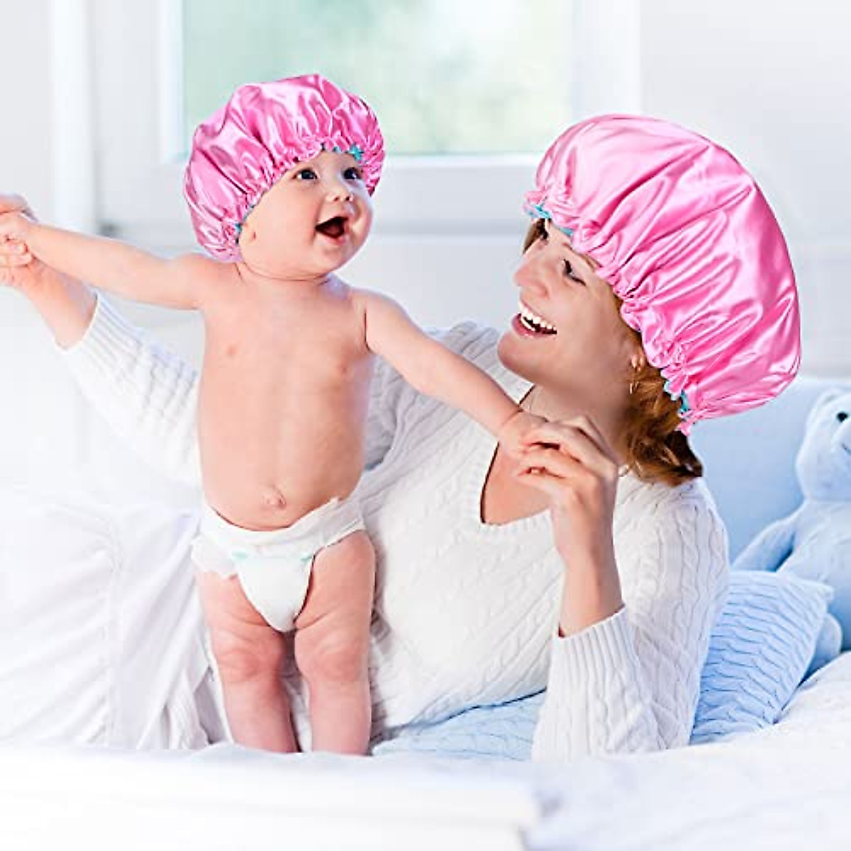 Mepase 5 Pcs Mommy and Me Robe Swaddle Headband Cap Set Including Maternity Robe Baby Swaddle Blanket Headband Hat for Mom and Baby (X-Large)