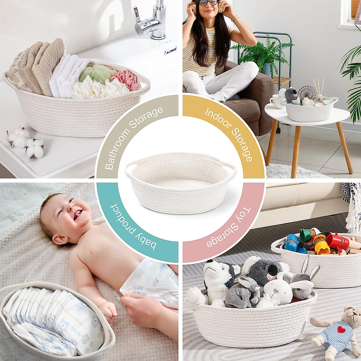 4 Pack Small Woven Basket with Handles, All 12"x 8"x 5", Cotton Rope Room Shelf Storage Basket, Cat Toys, Cute Baby Gift Basket with Gift Bags and Ribbons for Nursery, Empty Decorative Gift Chest Box