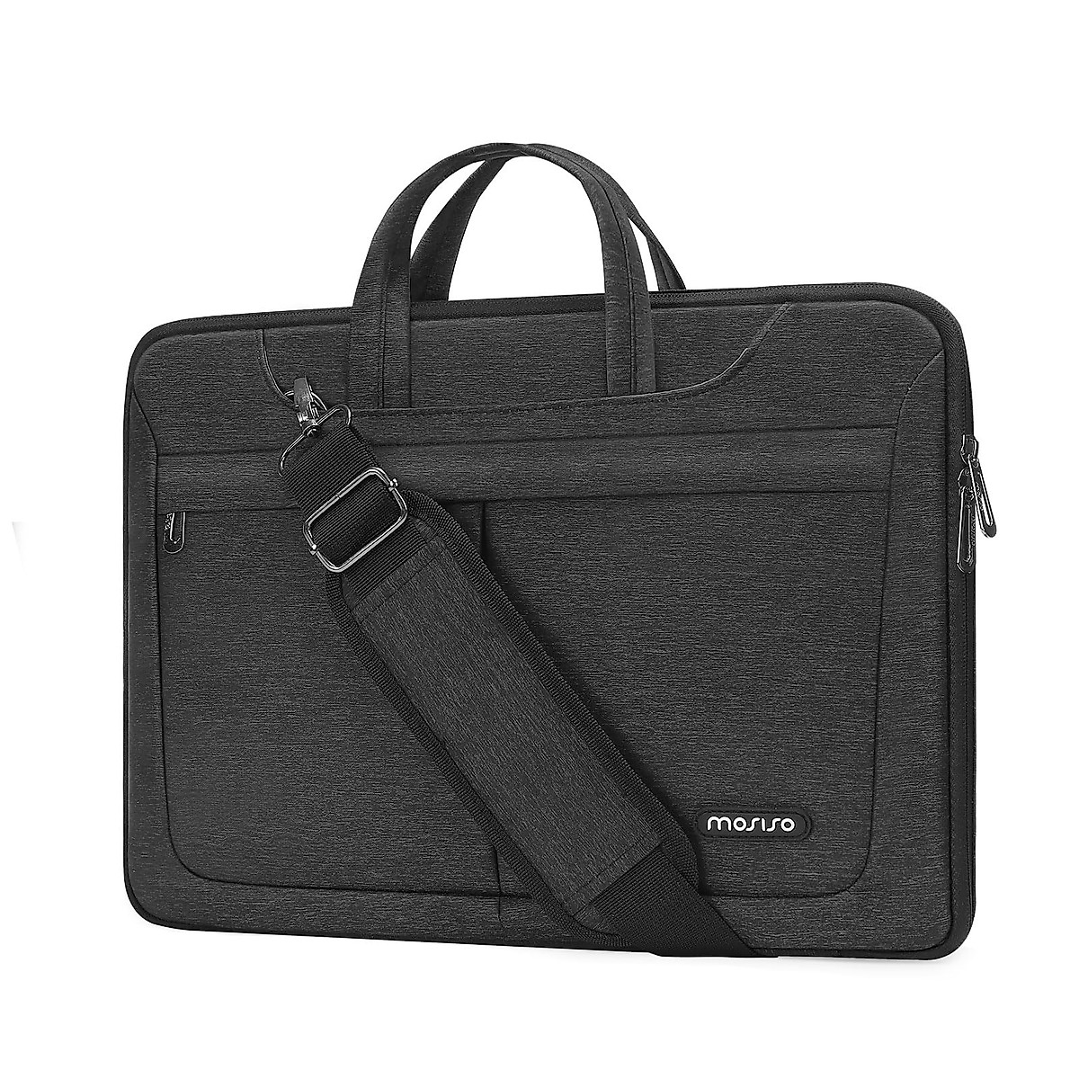 MOSISO Laptop Shoulder Bag, 15.6 inch Laptop Sleeve Compatible with MacBook, HP, Dell, Lenovo, Asus Notebook, 15 inch Fully Open Zipper Computer Bag with Front Pocket & Handle & Belt, Black