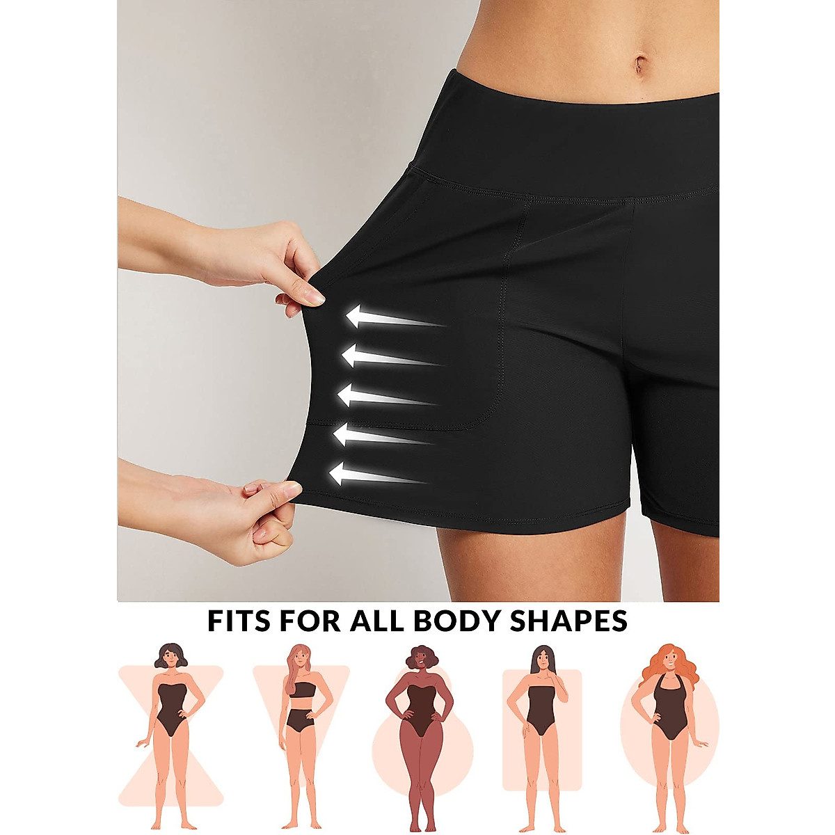 BALEAF Women's Swim Shorts Tummy Control Modest Swimsuits Bathing Suit Bottoms 5" Board Shorts Beach Trunks with Pockets Black 3XL