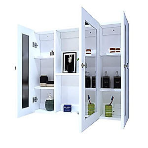 BUBFUL Bathroom Mirror Cabinet Wall Mounted Medicine Pharmacy Cabinets with 3 Doors, Waterproof PVC White Color