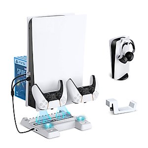 BEJOY Multifunctional Vertical Stand with Headphone Stand, 3-Level Rotate Fans Speed, Dual Type-C PS5 Charging Station with Gaming Headset Holder, 11 Games Boxes Storage, White…
