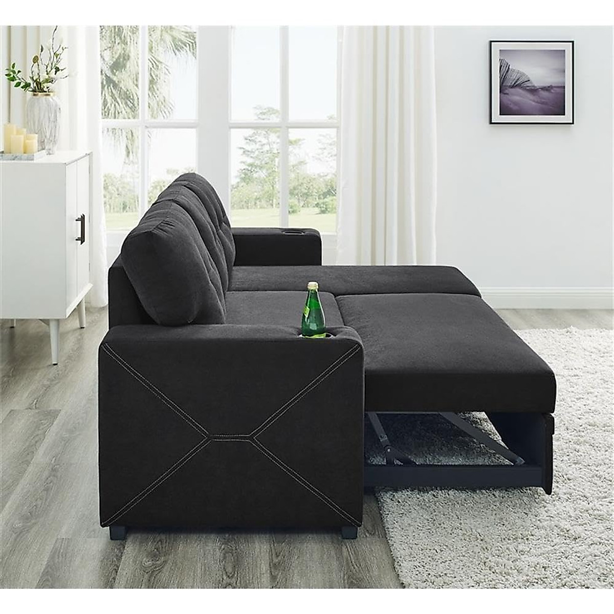 Trent Home Upholstery Polyester Blend Fabric Convertible Sectional Sleeper Sofa with Cup Holders in Black