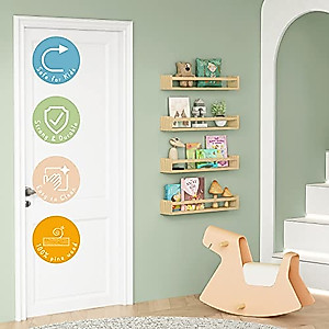 Forbena Natural Wood Nursery Bookshelves for Wall, 24 Inches Long Floating Book Shelves, Wall Mounted Bookcase for Teen Girl Boy Kids Room Bedroom, Playroom Organizer, Bathroom Decor (4-Pack)
