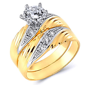 Wellingsale Ladies Solid 14k Two 2 Tone White and Yellow Gold Polished CZ Cubic Zirconia Round Cut Engagement Ring with Side Stones and Wedding Band Bridal Set - Size 4