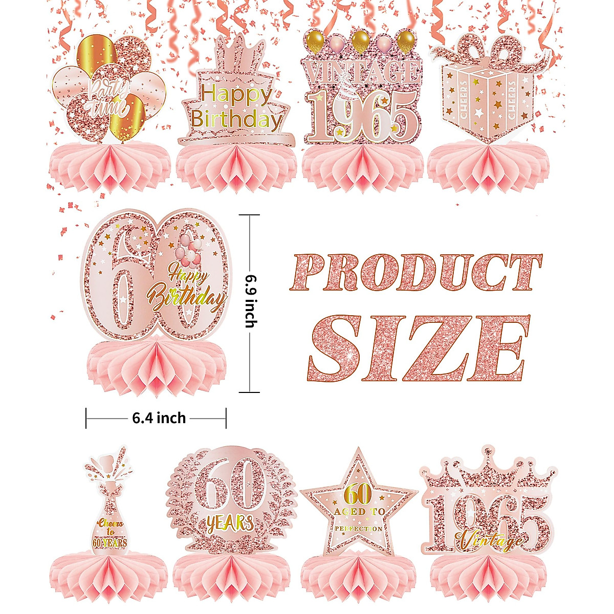 9 Pcs 60th Birthday Decoration for Women Happy 60th Birthday Table Honeycomb Decorations Rose Gold Pink Centerpieces Tables Toppers1965 Decor Cheers to 60 Years Old Birthday Party Favors