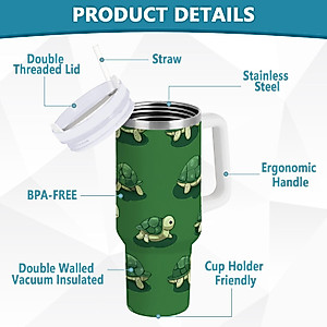 ALAZA Cute Cartoon Turtles 40 oz Tumbler Water Bottle with Straw Lid and Handle,Reusable Insulated Stainless Steel Cup for Women Men Travel Car Cup Holder