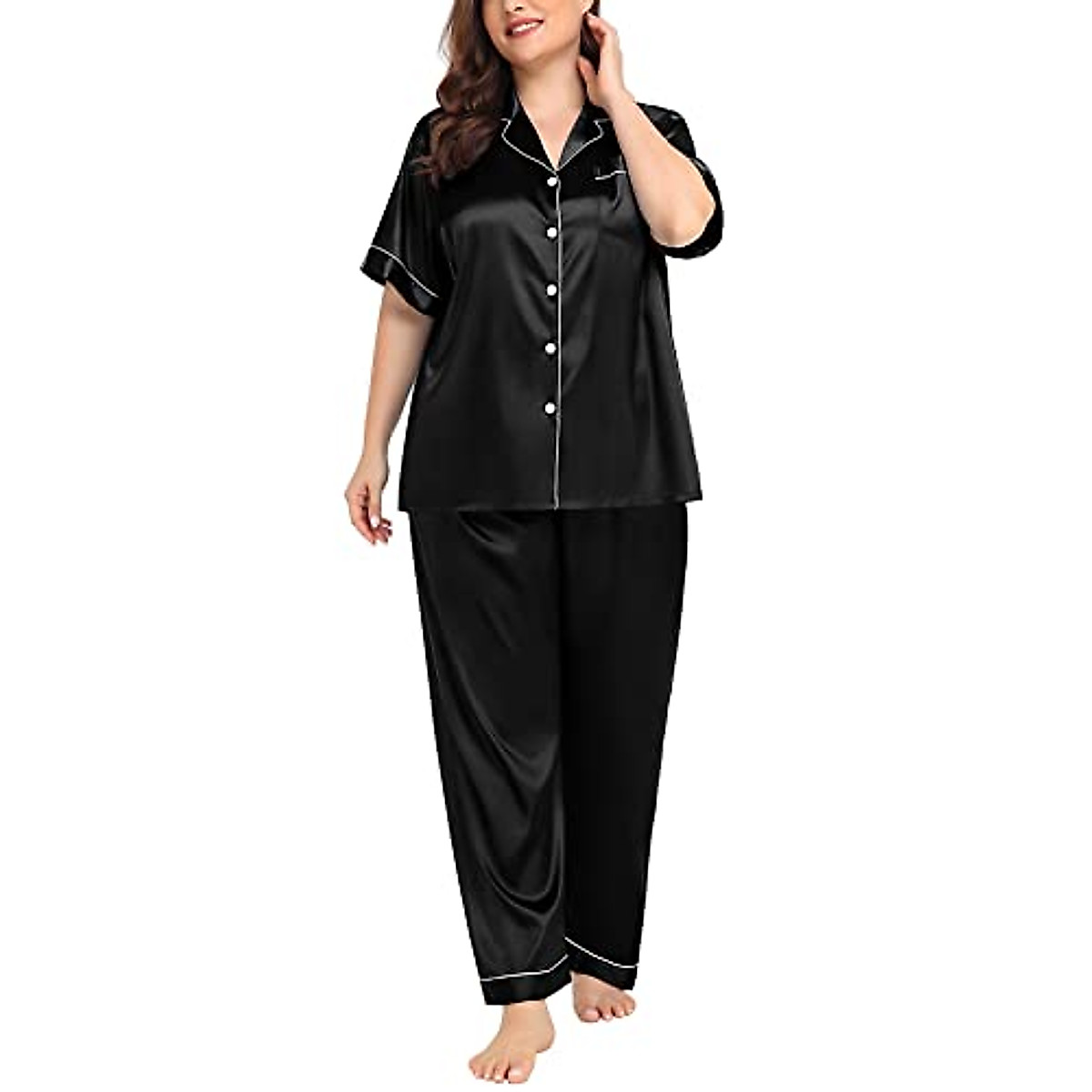 SWOMOG Women's Plus Size Pajamas Silk Satin Pajama Set Short Sleeve Shirt with Full-Length Pants Pj Set Soft Sleepwear 22W Black