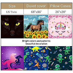 Dinosaurs Spaceship Duvet Cover Twin Size Comforter Cover Soft Bedding Sets 3 Piece with 2 Pillow Shams for Boy Gril
