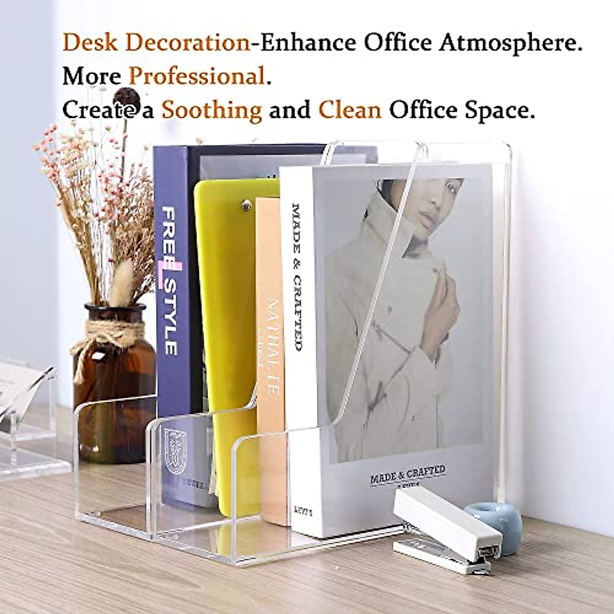 HeZone Magazine Holder, Clear Acrylic Desk Organizers, File Organizer for Desk, Magazine Rack- Desktop Book Storage -Independent Vertical 1 Space-2 Pack