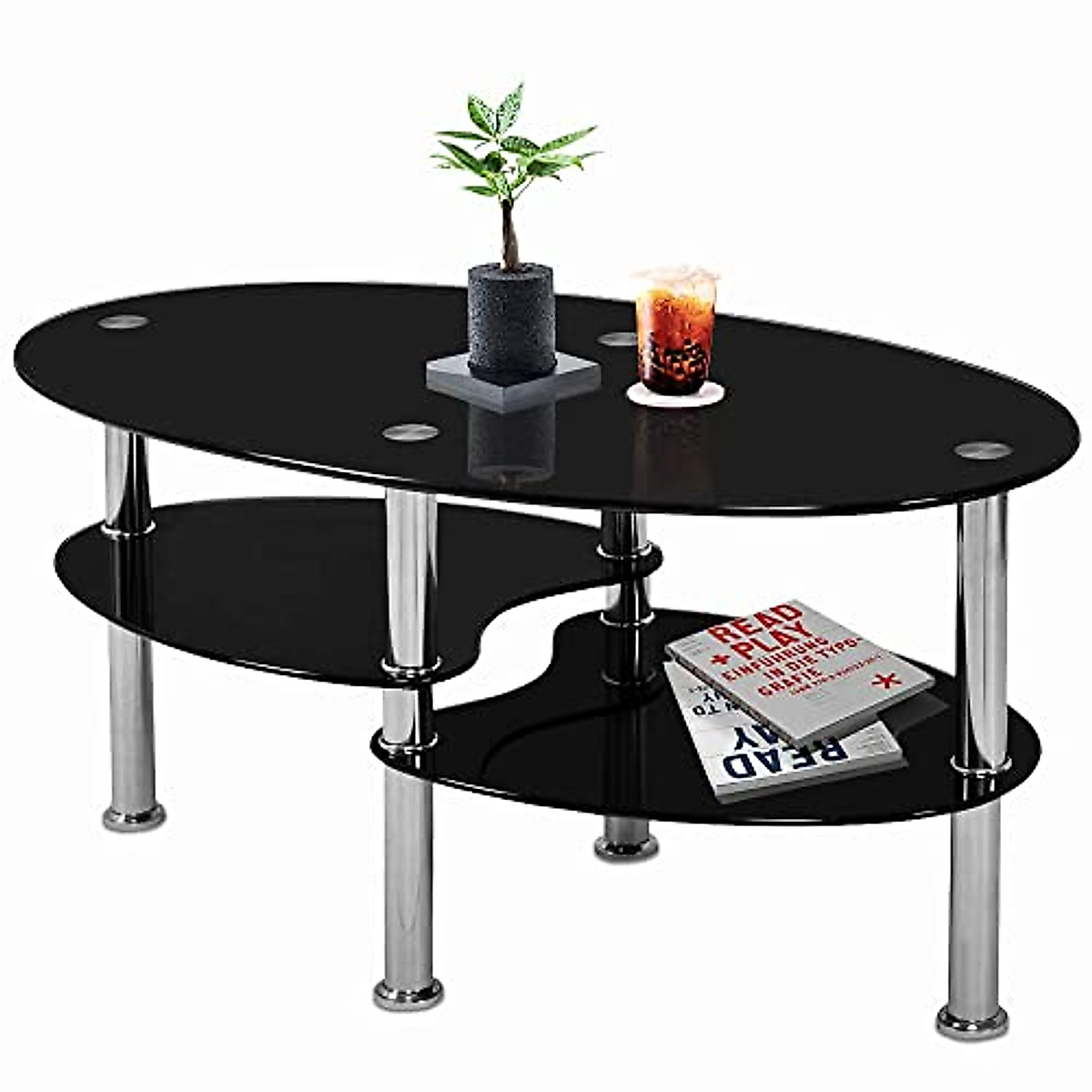 Nidouillet 3 Tier Tempered Glass Table with Glass Shelves and Stainless Steel Legs, Oval-Shaped Coffee Table Living Room Home Furniture 35.4" x 19.7" x17.7 (L x W x H)- Black AB026