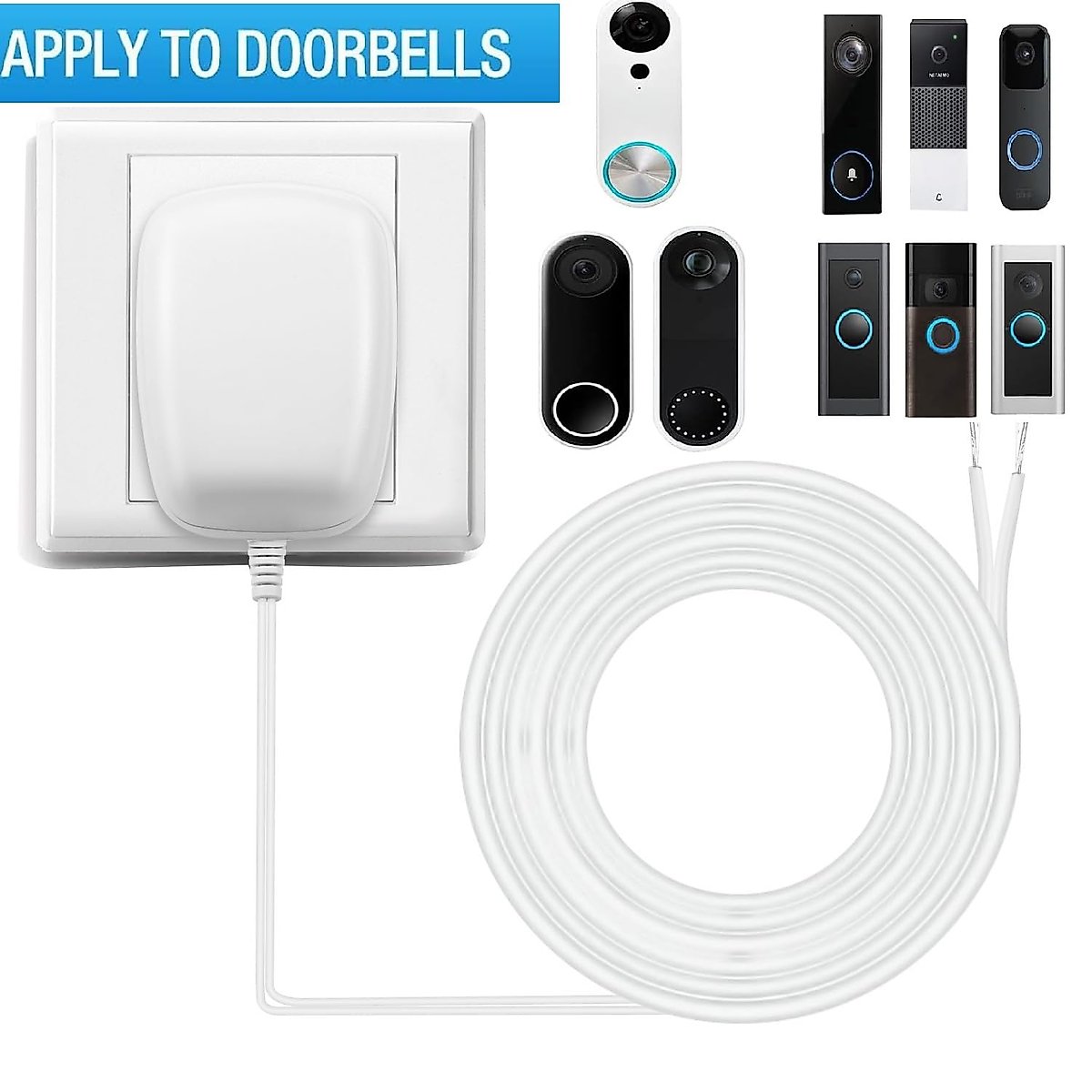 24 Volt Transformer, C Wire Adapter, Competible with All Versions of Ring Doorbell and Thermostat for Ecobee,Sensi and Honeywell (with 196in Cable)