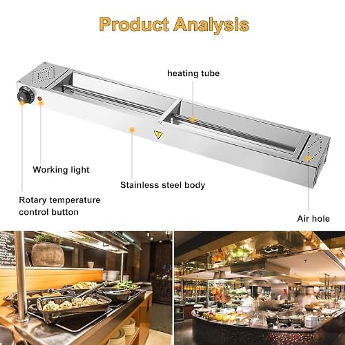 Food Warmer, Commercial Food Warmer, Hanging Food Heat Lamp, Food Heat Lamp for Kitchen, Buffets and Dining Rooms Adjustable Temperature 30-85℃(120x15x6.5CM)