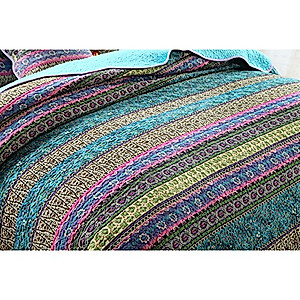 NEWLAKE Striped Jacquard Style Cotton 3-Piece Patchwork Bedspread Quilt Sets, Queen Size