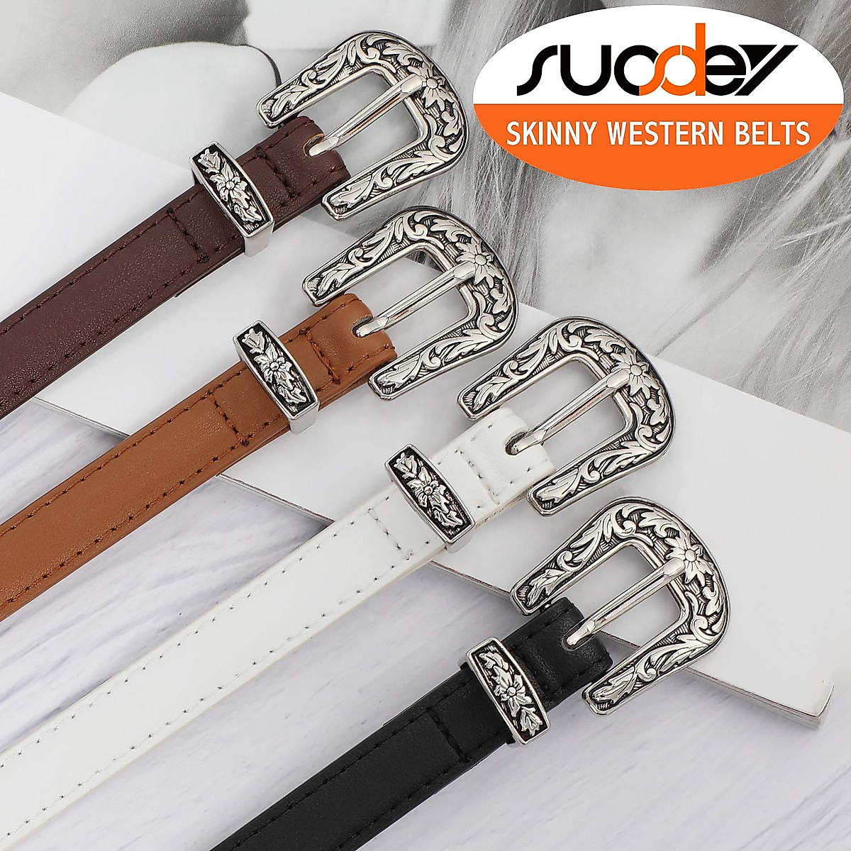 SUOSDEY Black Women Western Skinny Leather Belts Adjustable Fashion Thin Waist Belt for Dresses With Vintage Buckle