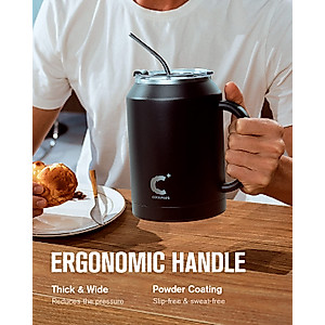 Coolplus 50 oz Mug Tumbler with Handle and Straw, Large Stainless Steel Travel Insulated Water Cup with 2-in-1 Lid, Double Wall Metal Keep Cold 36 hrs, Sweet Proof BPA-Free, Midnight Black