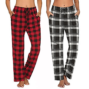 Ekouaer Womens 2 Pack Lounge Pants Comfy Pajama Pants Plaid Pajama Bottoms with Pockets Drawstring Pj Bottoms Pants