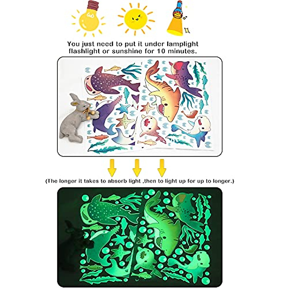 MESU Cartoon Shark Glow in The Dark Stickers Luminous Wall Decals Underwater World Home Ceiling Decor for Boys Room Nursery Kids Gift Shark