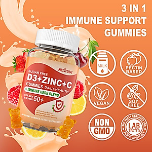 Sugar Free Vitamin C + D3 + Zinc Gummies for Adults 50 +, 9 in 1 Immune Defense Supplement with D3 5000IU, Elderberry, Echinacea, Mullein Leaf for Boost Immunity, Power Antioxidant, Vegan (Pack of 2)