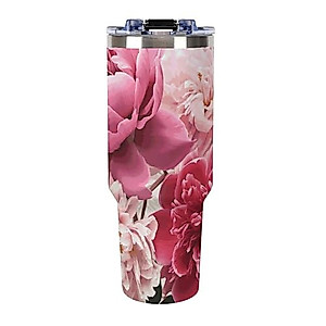 Botanical Floral Insulated Stainless Steel Travel Mug, 40 Oz Tumbler with Handle And Straw Double-Wall Vacuum Coffee Cup, Leak-Proof Lid, Keeps Drinks Hot/Cold for Hours