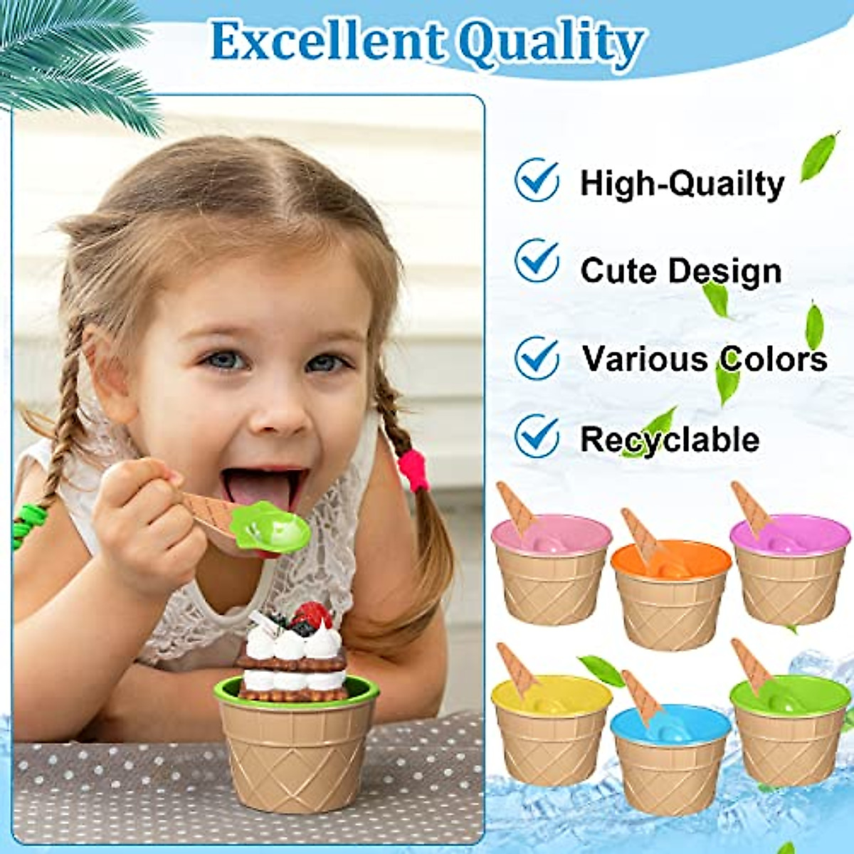 Meanplan 48 Sets Plastic Ice Cream Bowls Candy Color Ice Cream Cups with Spoon Reusable Cute Dessert Bowl for Kids Sundae Candy Yogurt Pudding Mousse DIY Baking Summer Holiday Birthday Party (Round)
