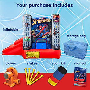 Funormous Marvel Spider-Man Bounce House with Slide, Kids Inflatable Spiderman Bouncy Castle Indoor Outdoor Plus Heavy Duty Air Blower