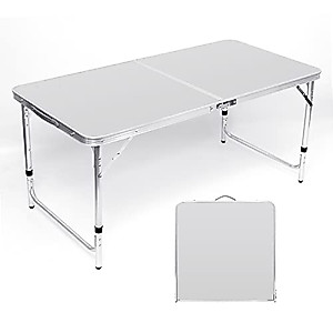 Moosinily Folding Camping Table, 4 Ft Aluminum Folding Table, Picnic tablee with Handle, Adjustable Portable Camp Table for Picnic, BBQ, Party, Beach/White