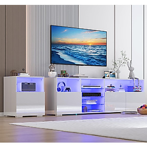 jiteentarou 79IN LED TV Stand for 75/80/85inch TV,High Glossy Modern TV Stand for Living Room,TV Entertainment Center with Adjustable Storage Shelf,RGB LED Lighting,TV Console(White)