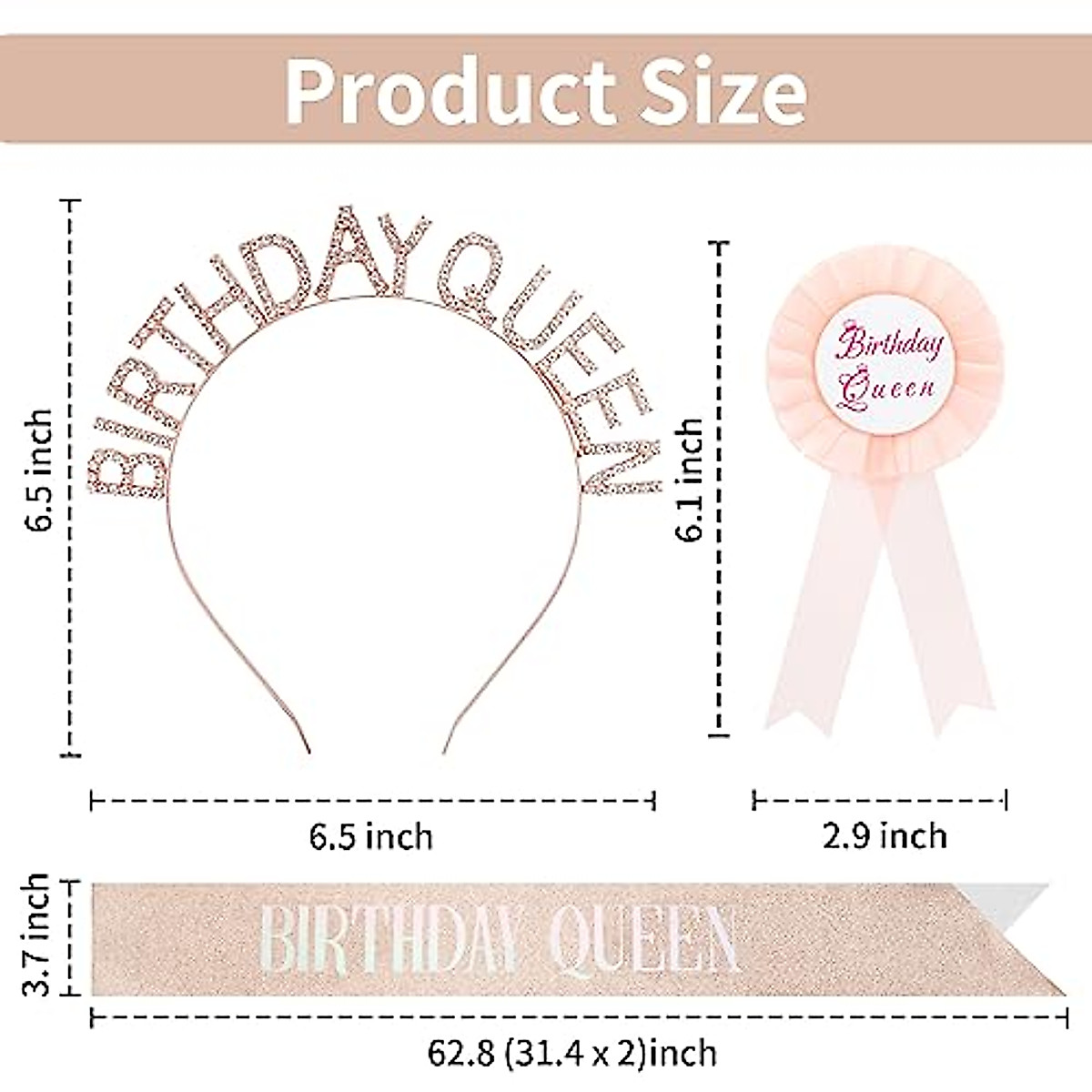 Rose-Gold Birthday Celebration Set with Queen Sash, Hair Bands, Rhinestone Headband, and Corsage for Women