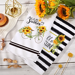 AnyDesign Sunflower Kitchen Dish Towel 18 x 28 Inch Seasonal Watercolor Flower Bicycle Cloth Tea Towel White Black Stripes Spring Summer Farmhouse Decorative Hand Towel for Kitchen Home Cooking, 2Pcs