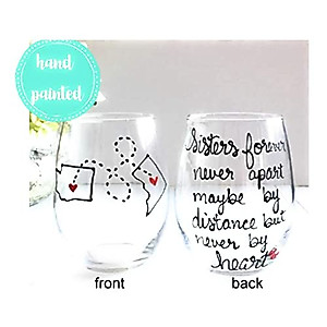 Sisters Long Distance Sister Wine Glass, Personalized Sister Gift, All Countries and States Available Hand Painted Stemless Wine Glass
