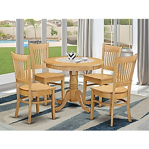 5 Piece Dining Set Includes a Round Dining Room Table with Pedestal and 4 Wood Seat Chairs