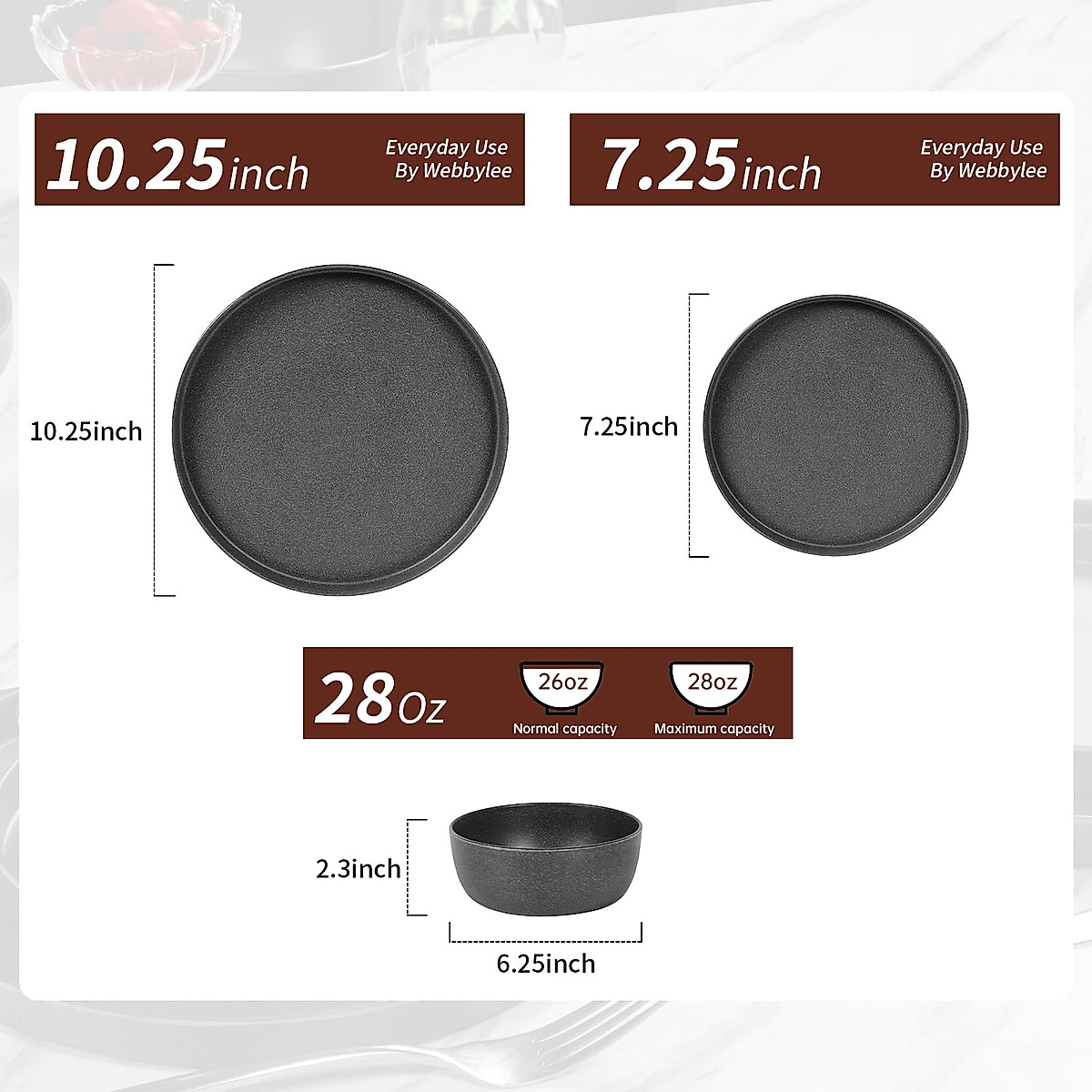 Webbylee Melamine Dinnerware Set - 12pcs Matte Round Plates and Bowls Set Indoor and Outdoor use Summer Camping Dish Set for 4 Dishwasher Safe-Dark Gray