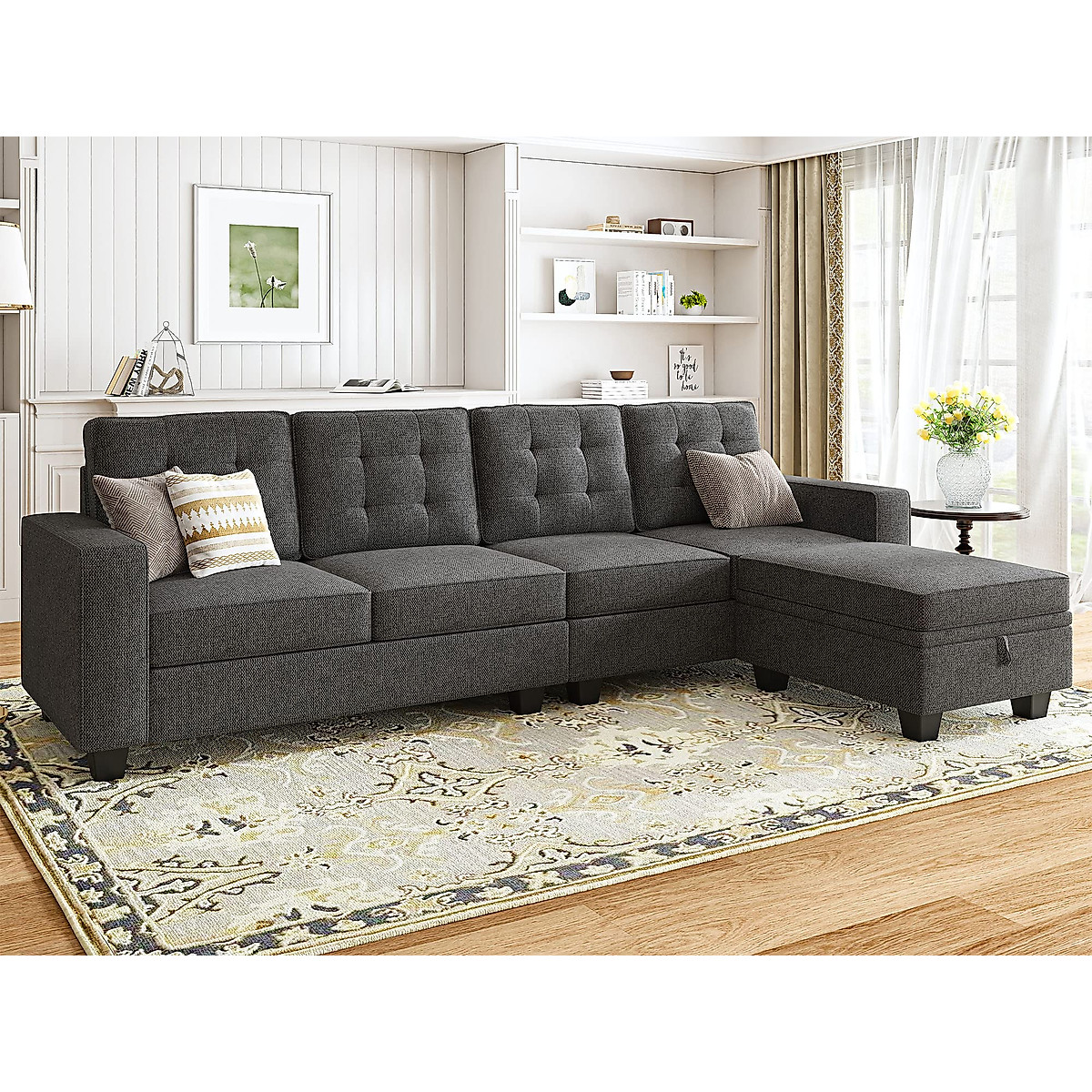 HONBAY Convertible Sectional Sofa L Shaped Couch with Storage Ottoman 4 Seat Sectional Sofa with Reversible Chaise, Dark Grey