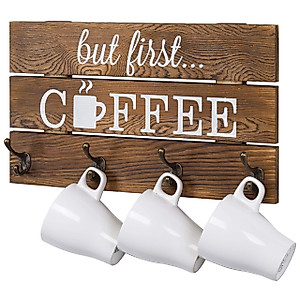 MyGift Burnt Wood Coffee Mug Wall Rack, Wall Mounted Decorative Coffee Bar Sign with 'But First Coffee' and 8 Dual Hooks