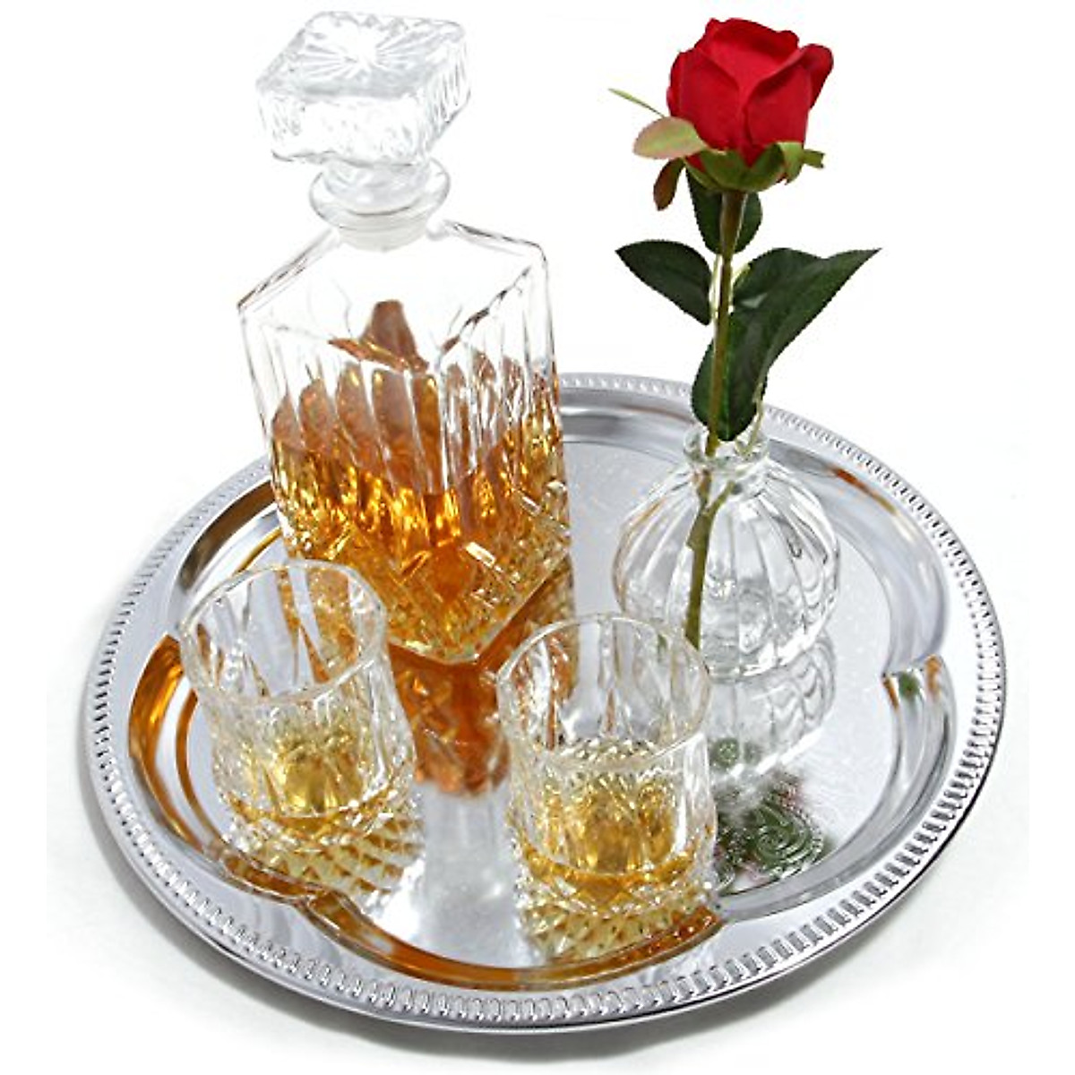 Maro Megastore (Pack of 4) 11.8-Inch Elegant Round Floral Pattern Engraved Catering Chrome Plated Serving Plate Mirror Tray Platter Tableware Decor Holiday Wedding Birthday Party (Small) T226s-4pk