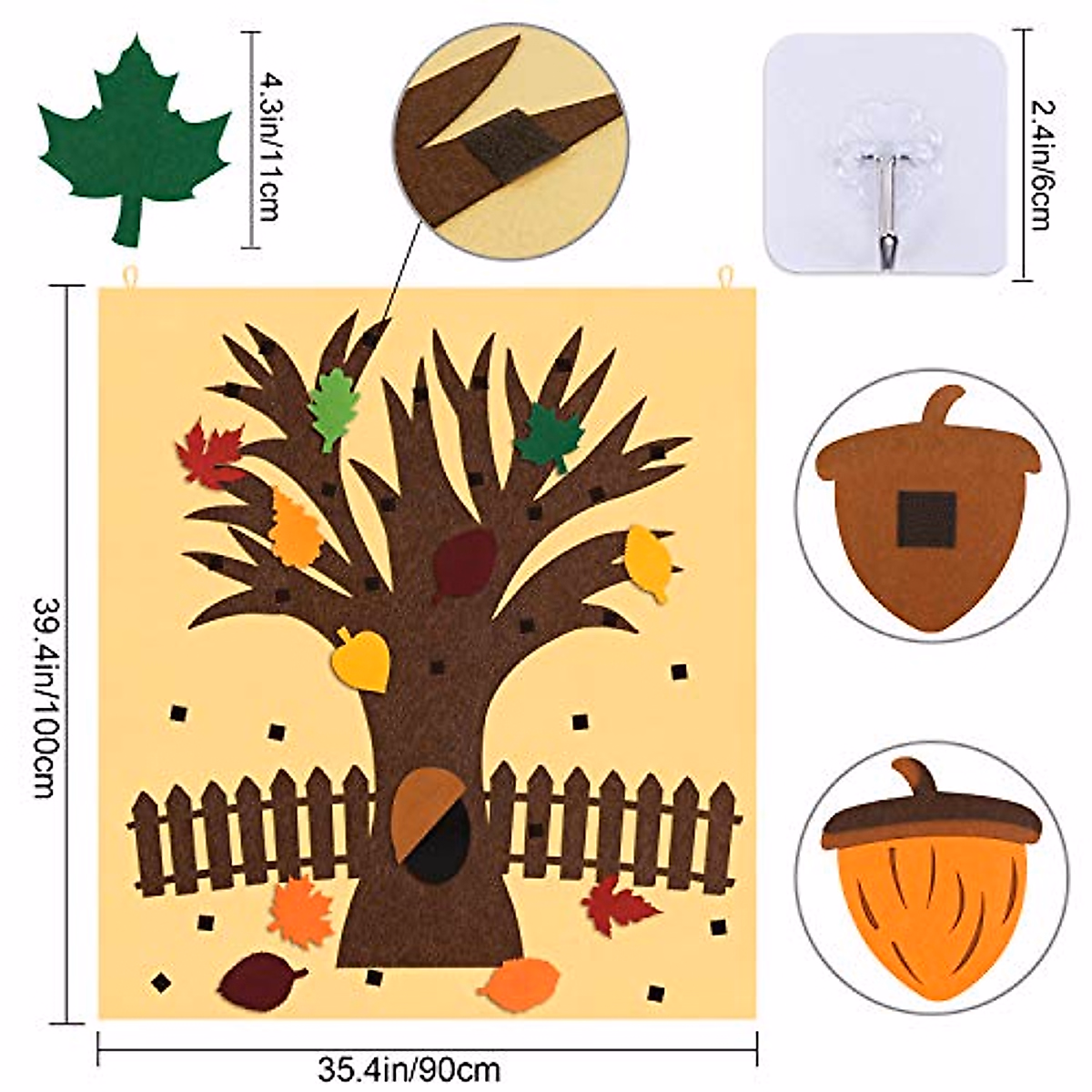 Fall Tree of Thanks Craft Kit - DIY Felt Fall Tree Board with Fence and 40 PCS Detachable Autumn Leaf Pine Cones Squirrel Ornaments for Kids Gifts Classroom Craft Thanksgiving Activity