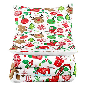 LUVIVIHOME 3PCS Christmas Comforter Set Queen Size, Boys Girls Kids Bedding, Cute Reindeer Snowflake Gingerbread Candy Cane Snowflake Holiday Christmas Bedding, Green Red White Quilt, 2 Pillow Shams
