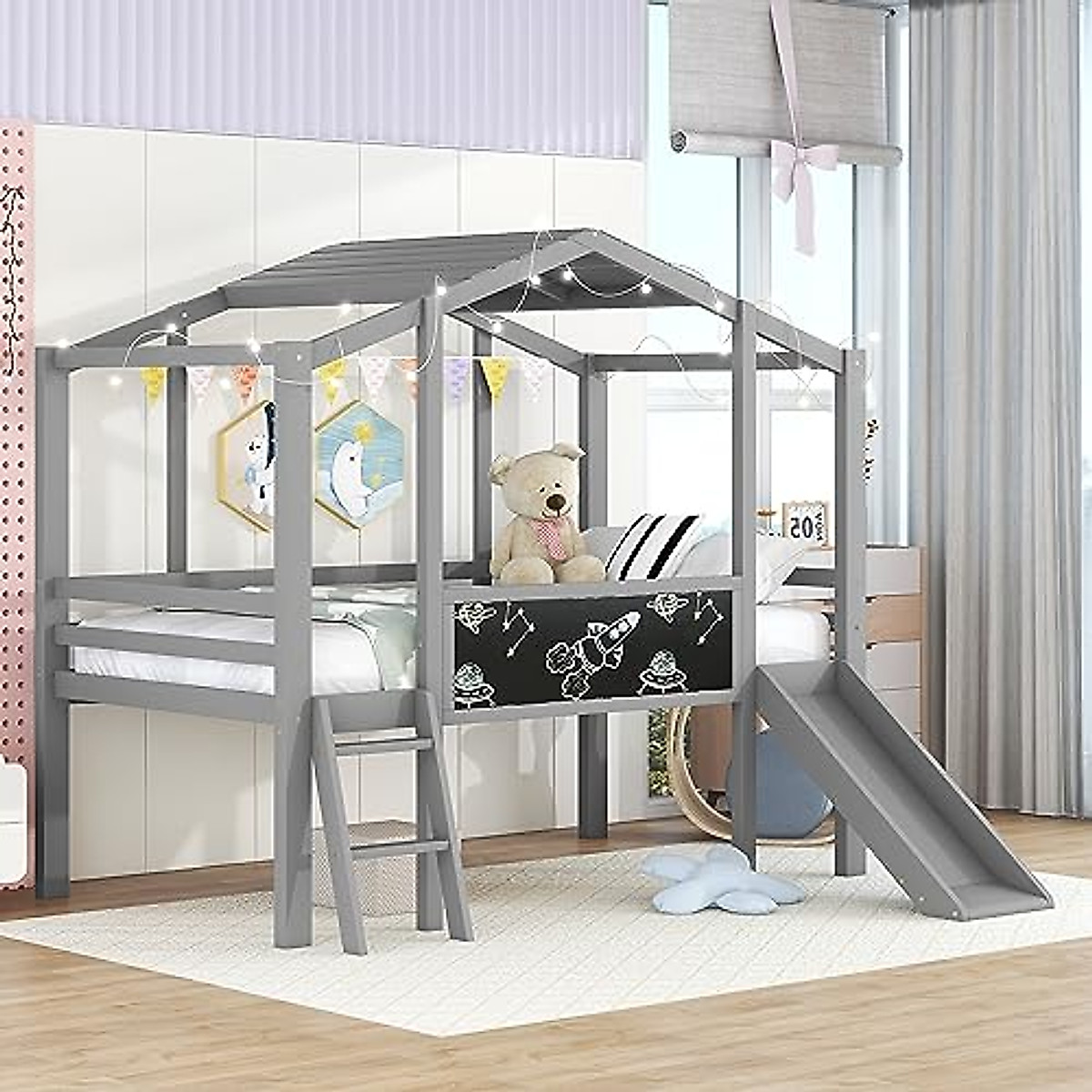 Bellemave Twin Size Low Loft Bed with Slide and Ladder, Wood Playhouse Twin Bed with Blackboard and Light Strip on The Roof, Twin House Bed for Kids, Boys, Girls, No Box Spring Needed, Gray
