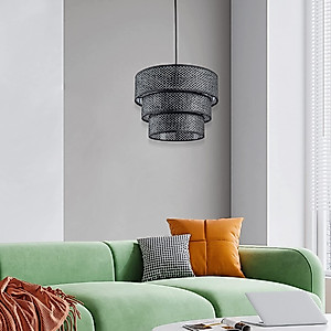 Mateyrie Plug in Pendant Light, Hanging Lamp with Dimmable Switch, Pendant Light Fixtures with 15 Ft Cord, Hanging Light with Black Rattan Shade for Bedroom, Kitchen, Living Room, Dining Table