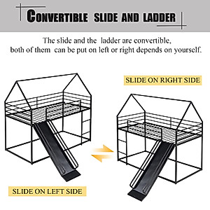 CITYLIGHT Metal Bunk Beds with Slide, House Bunk Bed Twin Over Twin with Roof, Kids Floor Bunk Beds with Built-in Ladder for Girls Boys Toddlers, Black