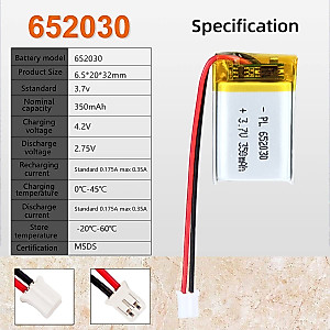 AKZYTUE 3.7V 350mAh 652030 Lipo Battery Rechargeable Lithium Polymer ion Battery Pack with PH2.0mm JST Connector